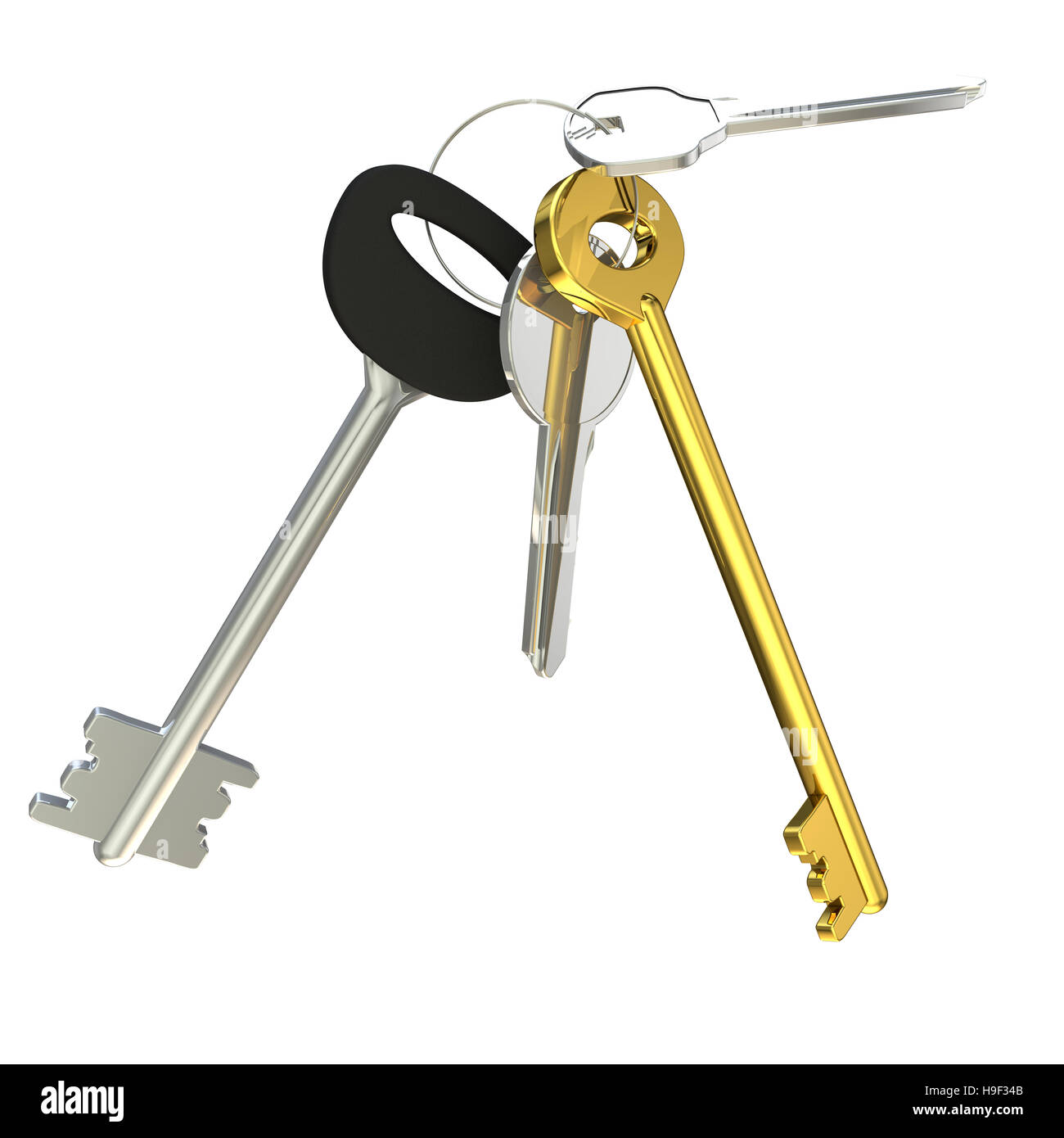 A bunch of big and small door keys with one gold. Isolated background ...