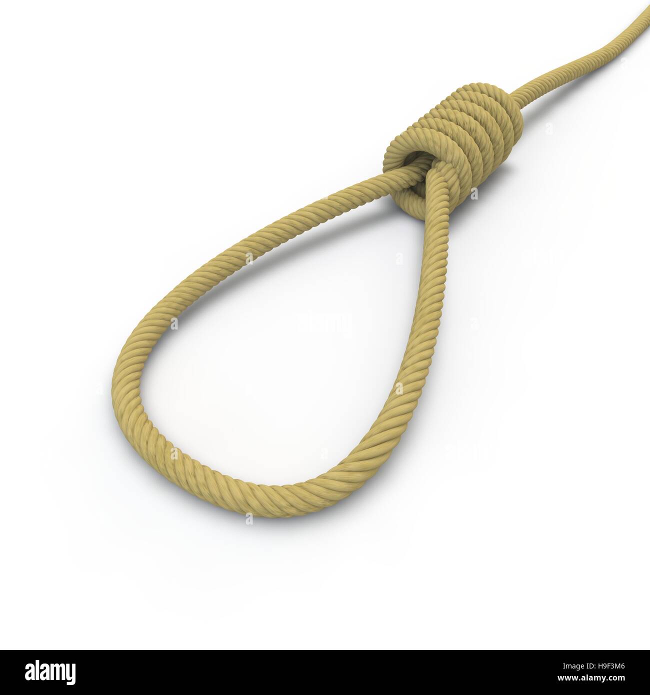 A rope with a noose lying on the floor on an isolated white background ...