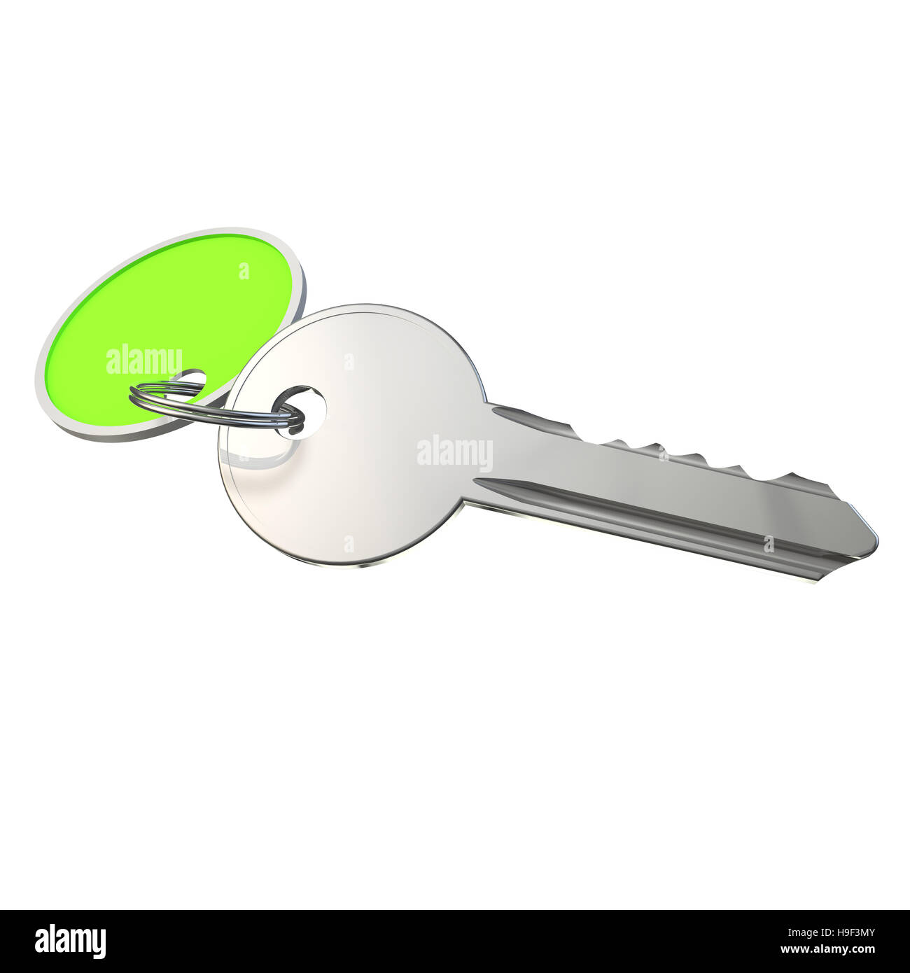 A silver key with a tag on white isolated background. There is an ...