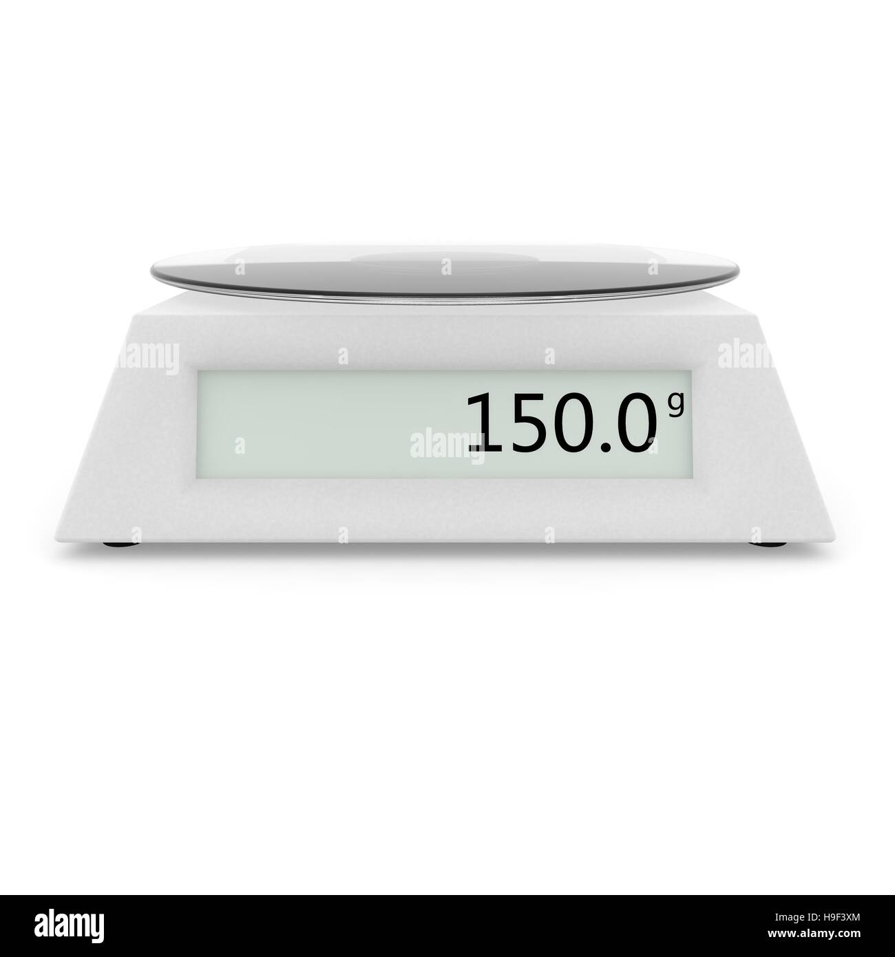 Digital kitchen scale show 150 grams. Isolated white background. 3D ...