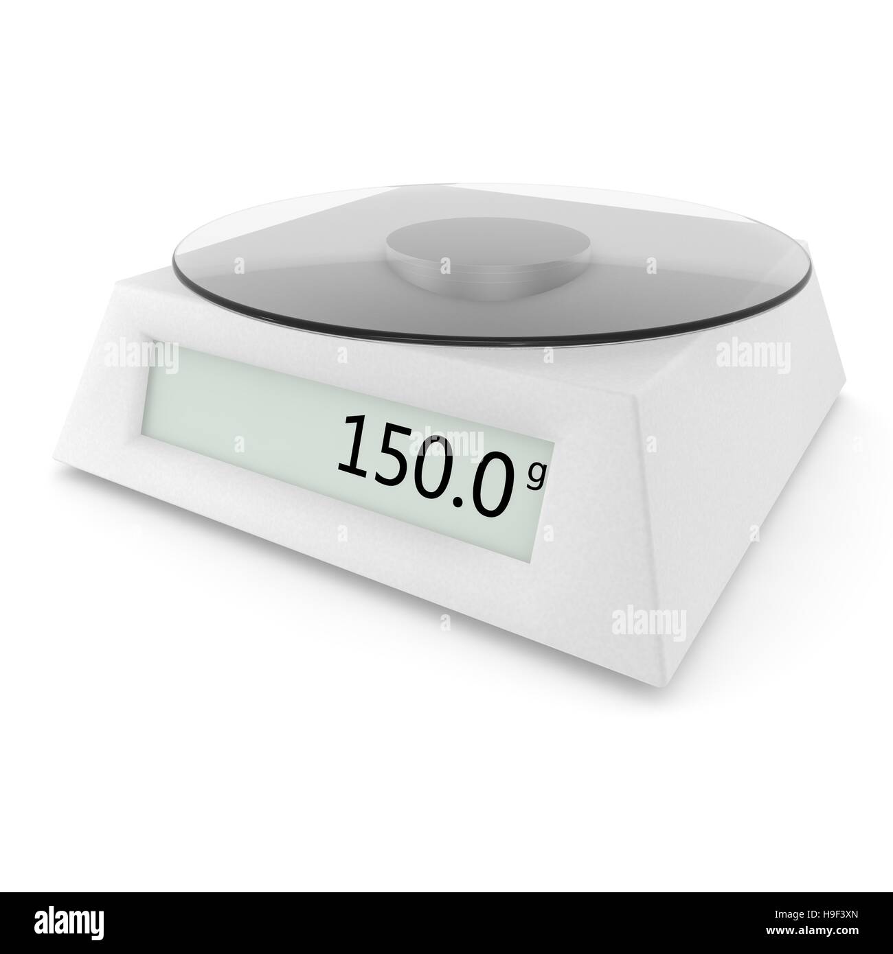 Digital kitchen scale show 150 grams. Isolated white background. 3D ...
