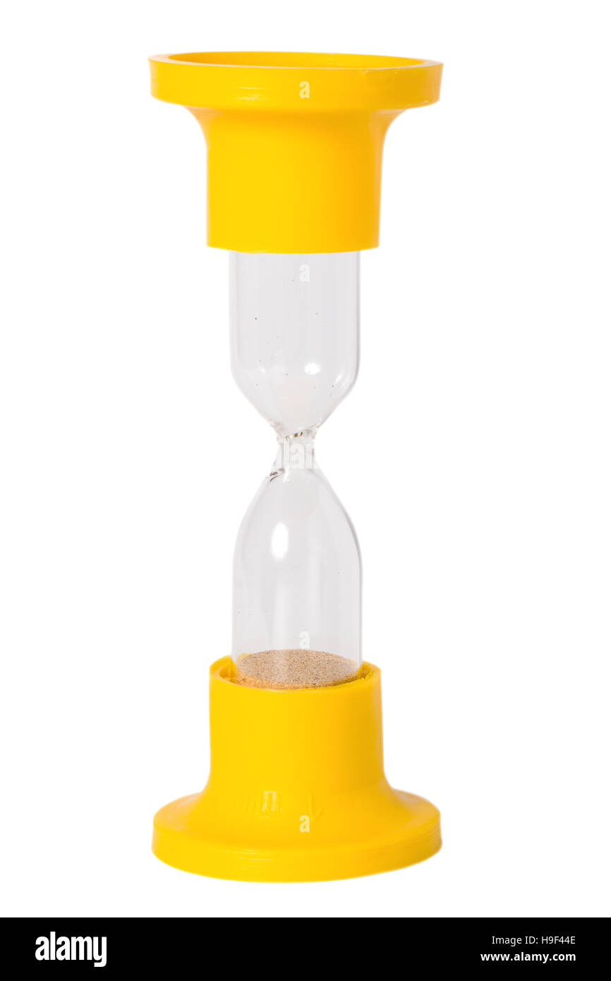 Hourglass in yellow stand isolated on white background Stock Photo - Alamy
