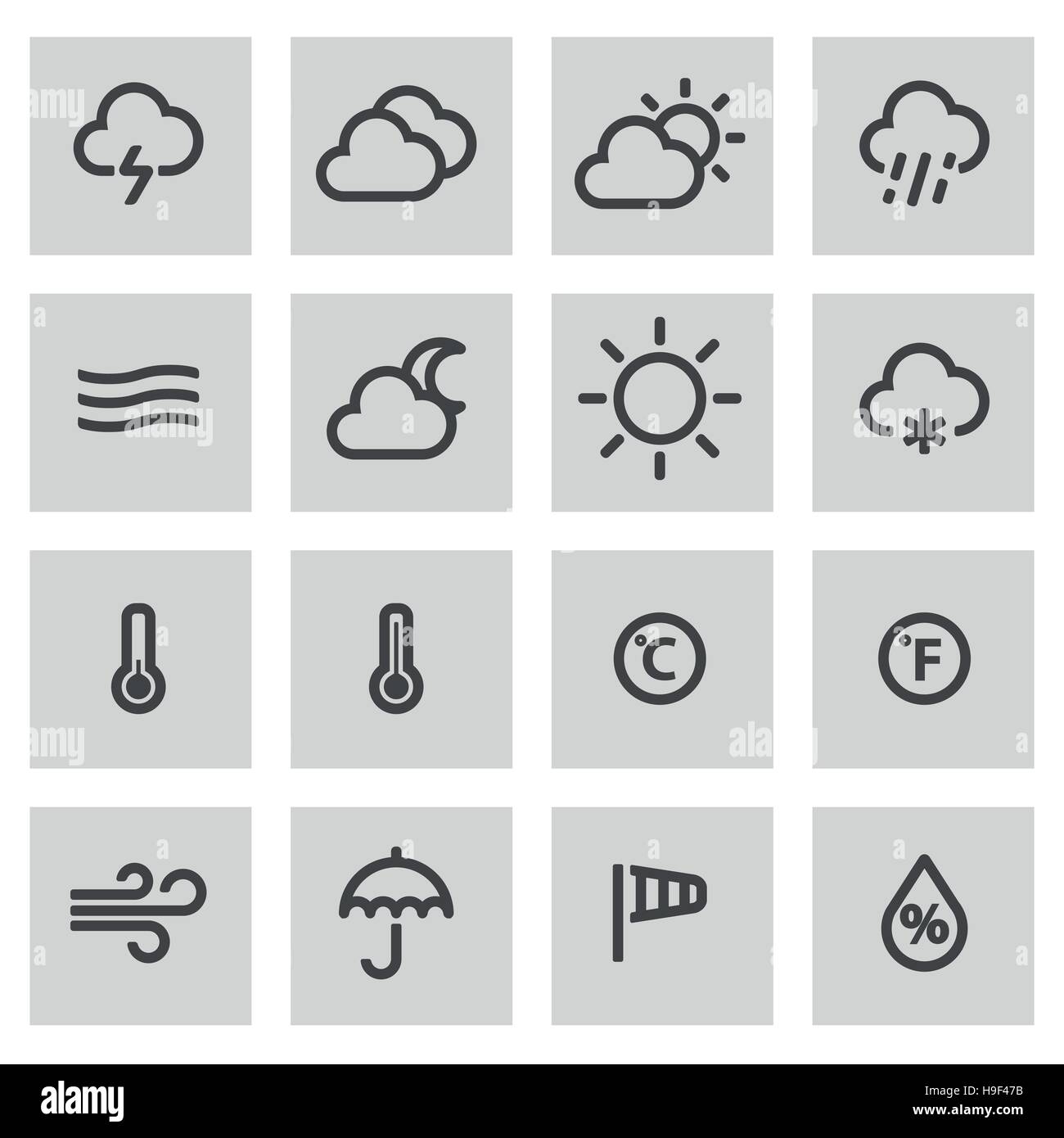 Vector line weather icons set on grey background Stock Vector Image ...