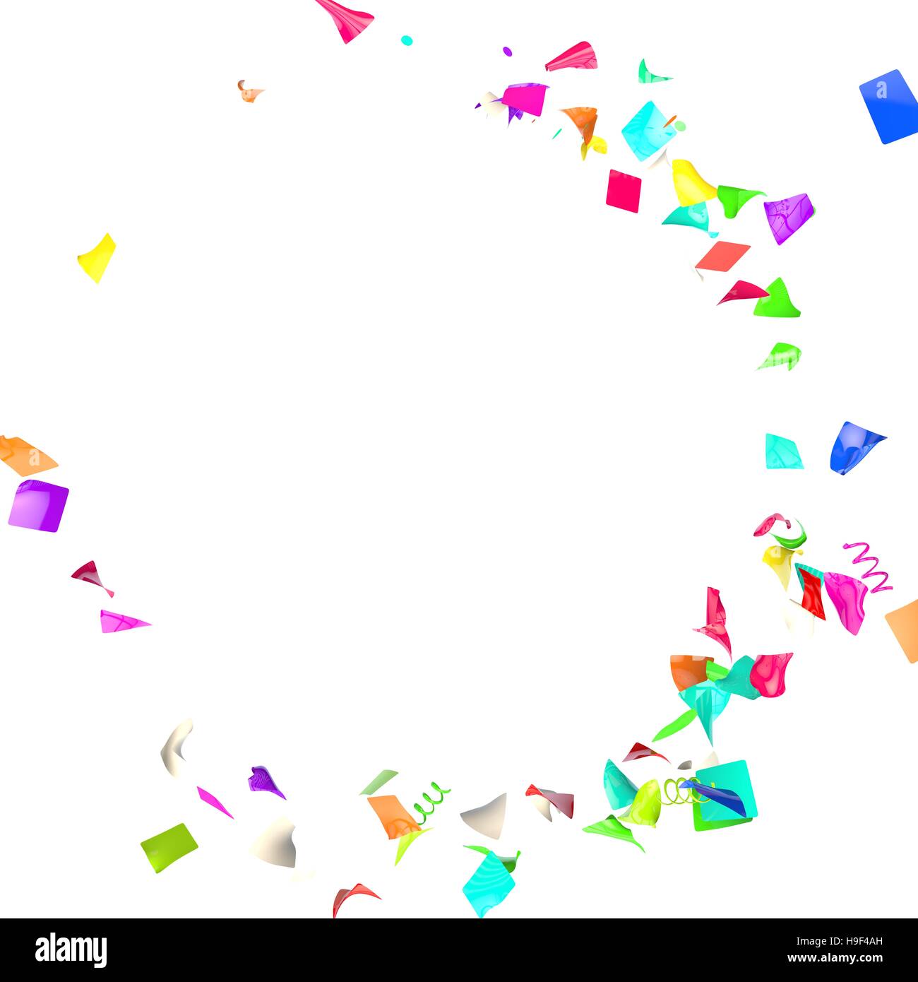 Multi-colored confetti flying in a circle. Isolated white background ...