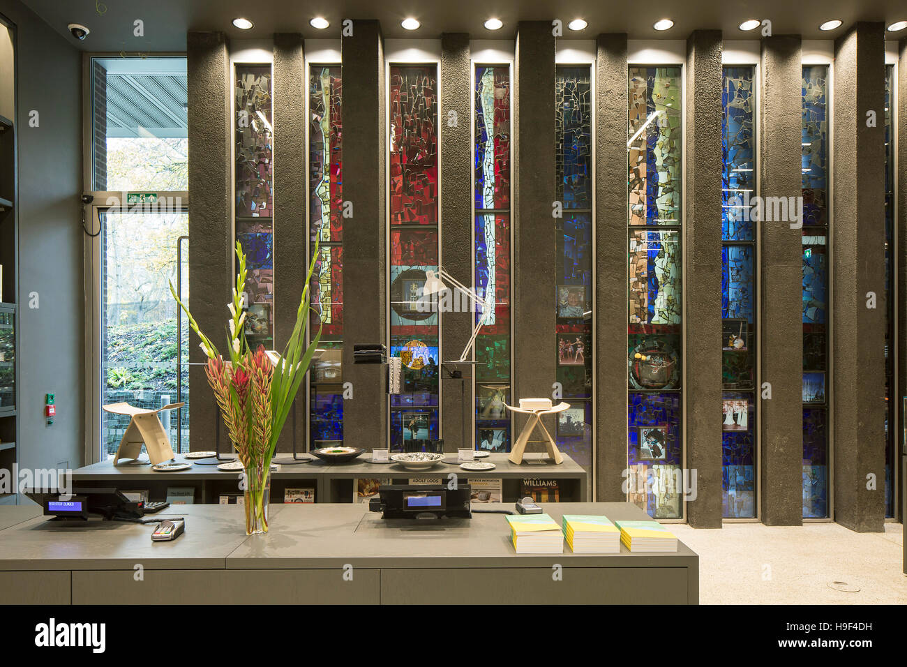 Detail view of stained glass window and shop display. Design Museum ...