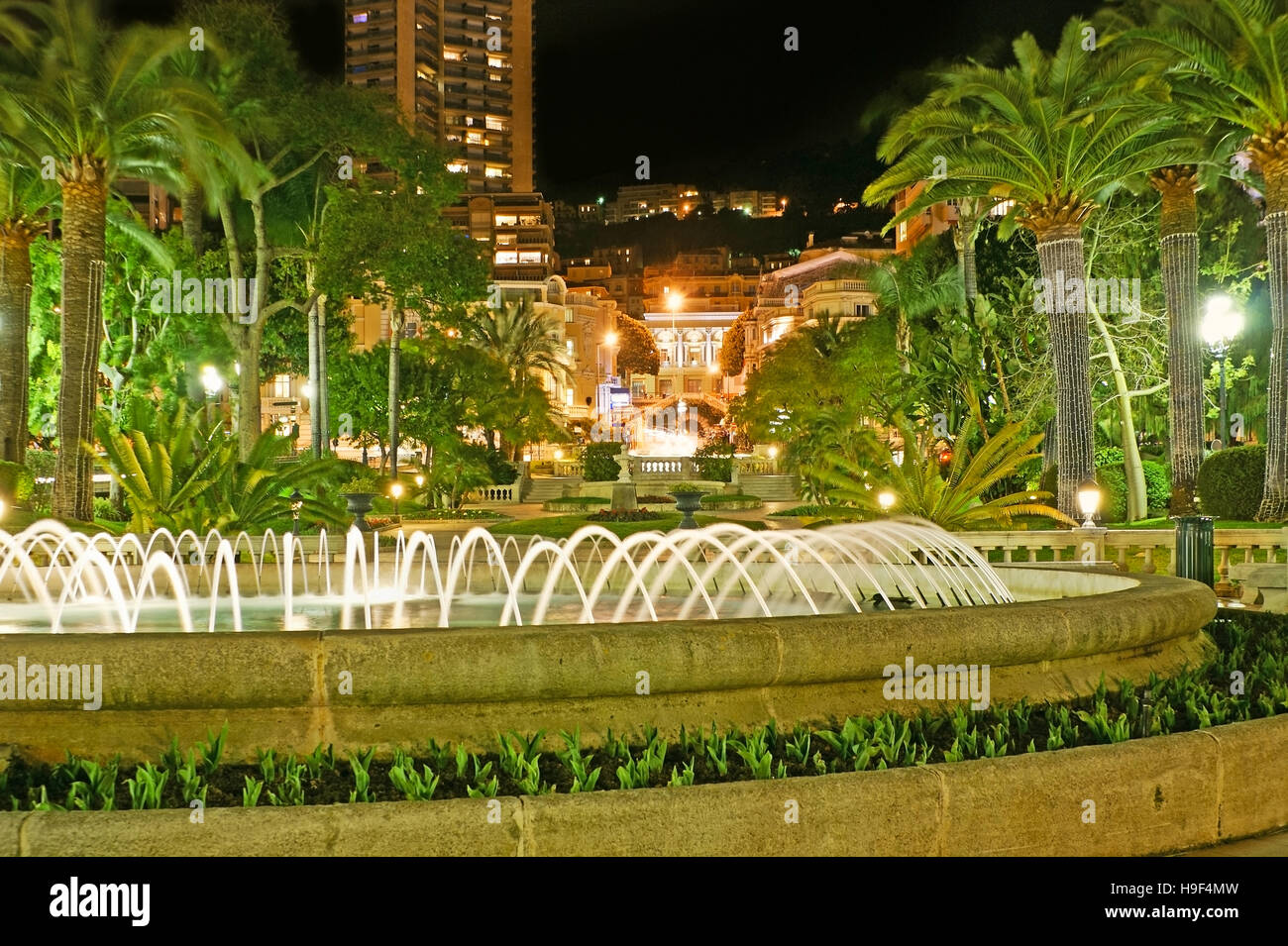 The nice fountains in French gardens of Monte Carlo, stretching along ...