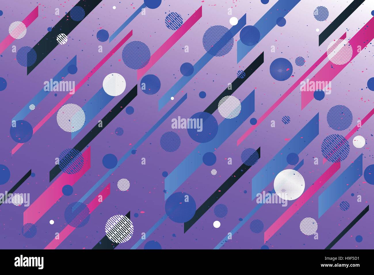 abstract, white circles and colorful stripes over violet background ...