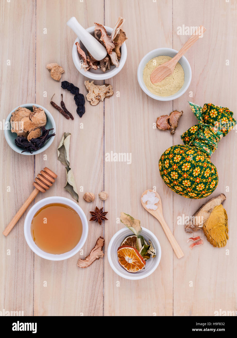 Natural Spa Ingredients herbal compress ball and essential Oil f Stock ...