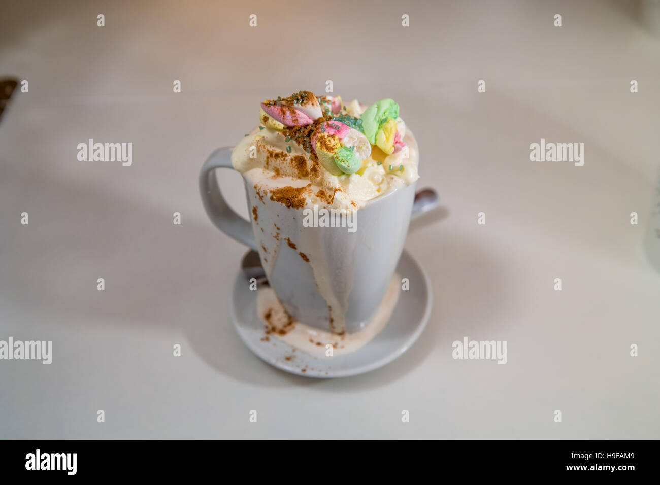 A tasty hot chocolate with lots of whipped cream and marshmallows Stock ...