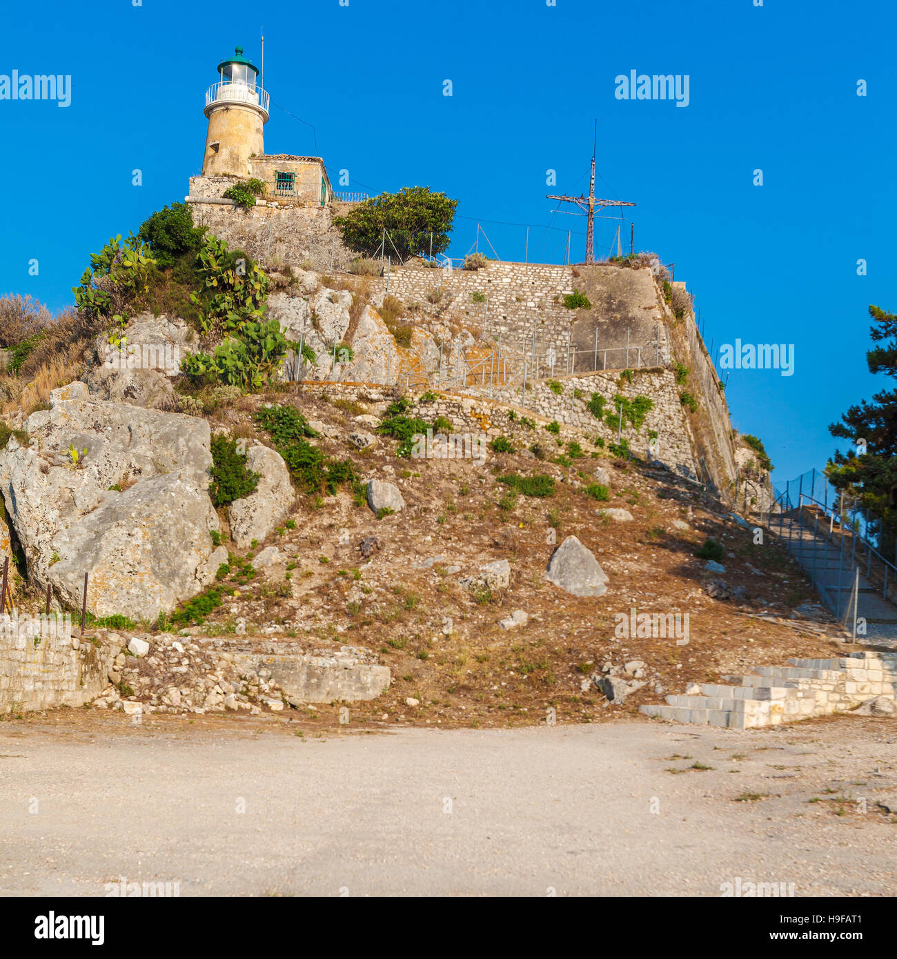 Lighthouse at Old Fortress in Kerkyra, Corfu island, Greece Stock Photo ...