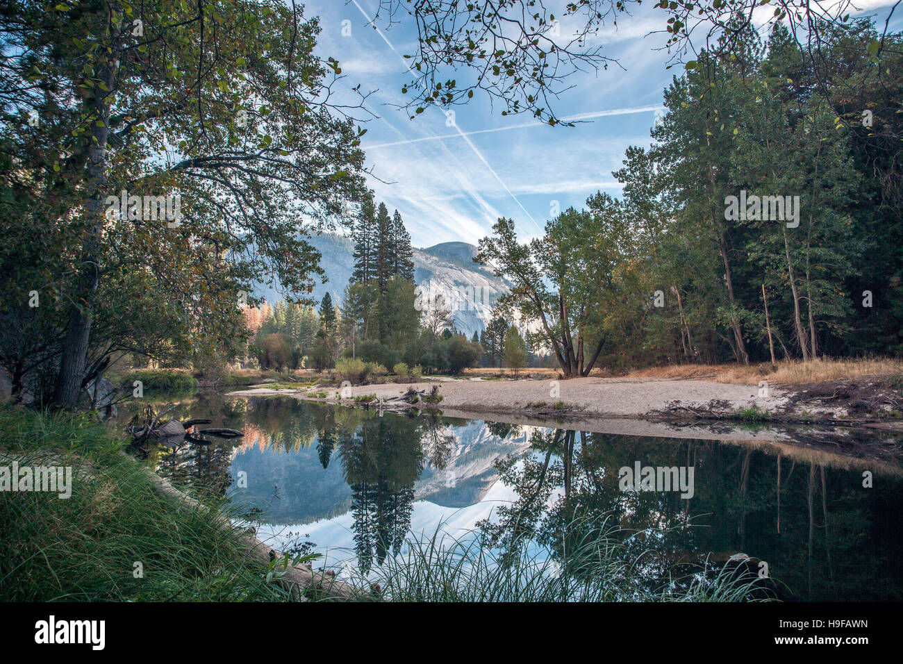 View Half Dome Merced river view fall color Yosemite Oct. beach sunrise ...
