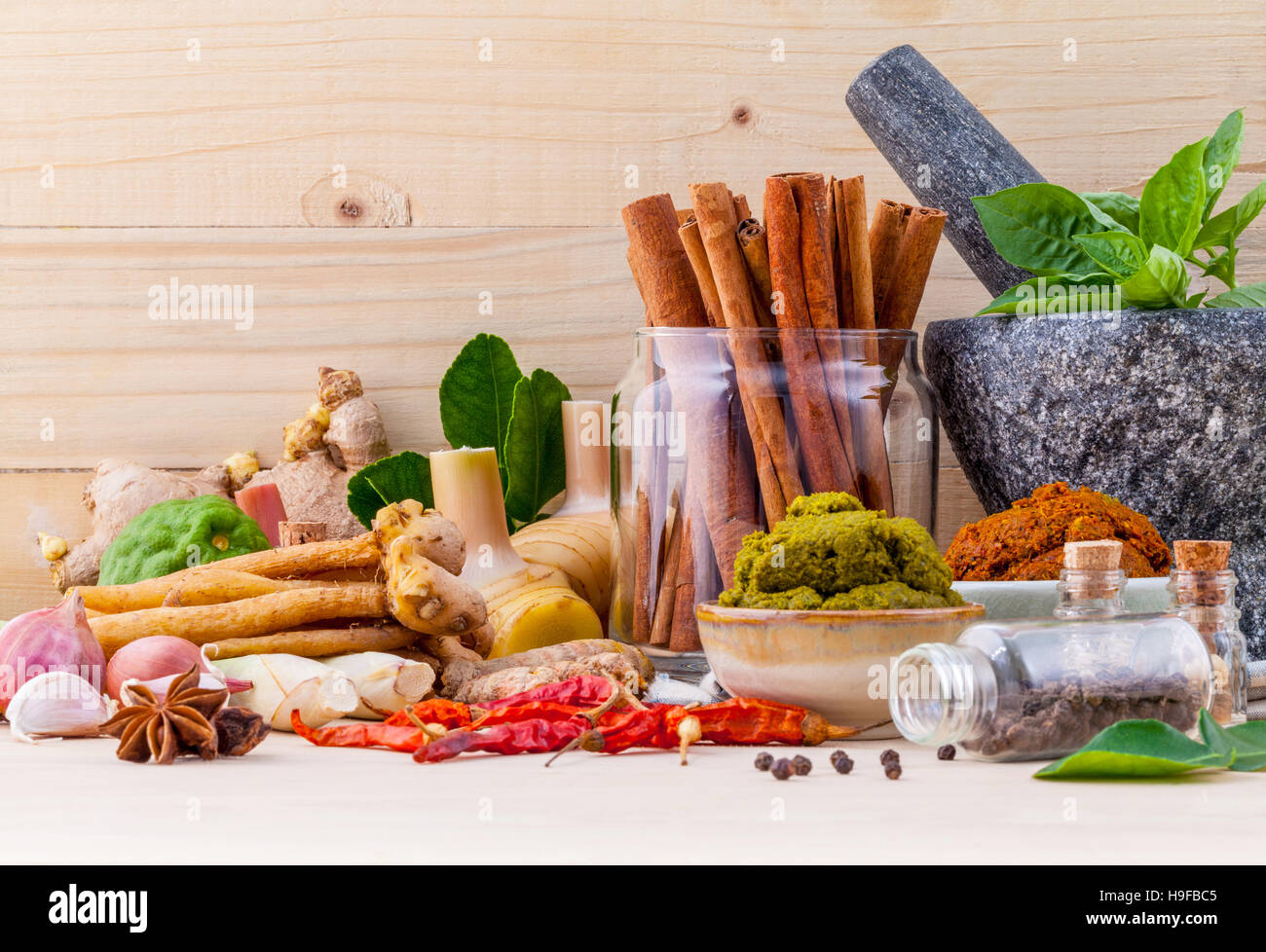 Assortment of Thai food Cooking ingredients and Paste of thai po Stock ...