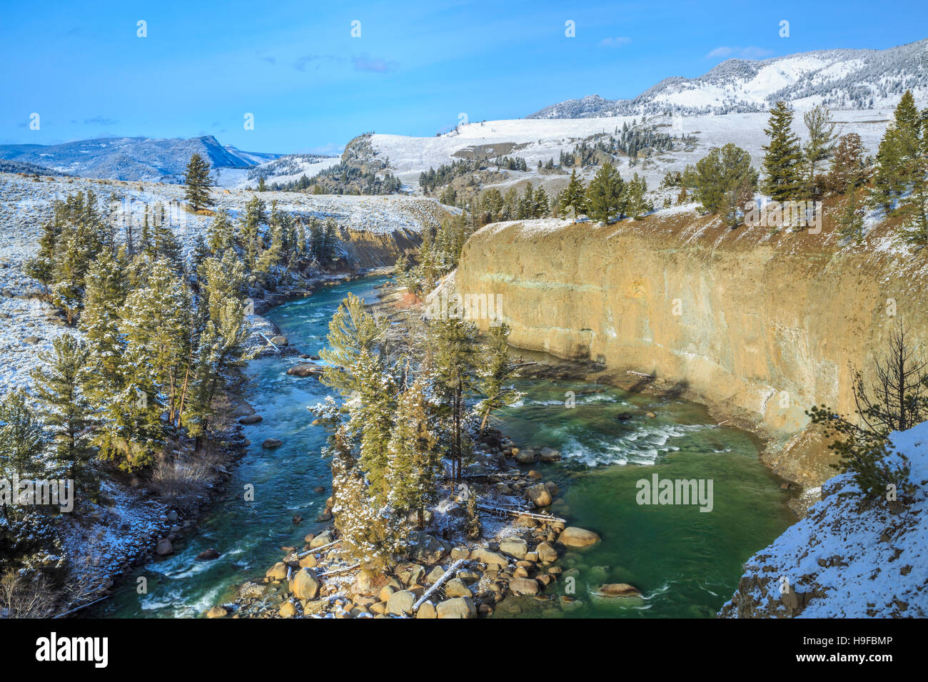 yellowstone river in winter near tower junction in yellowstone national ...