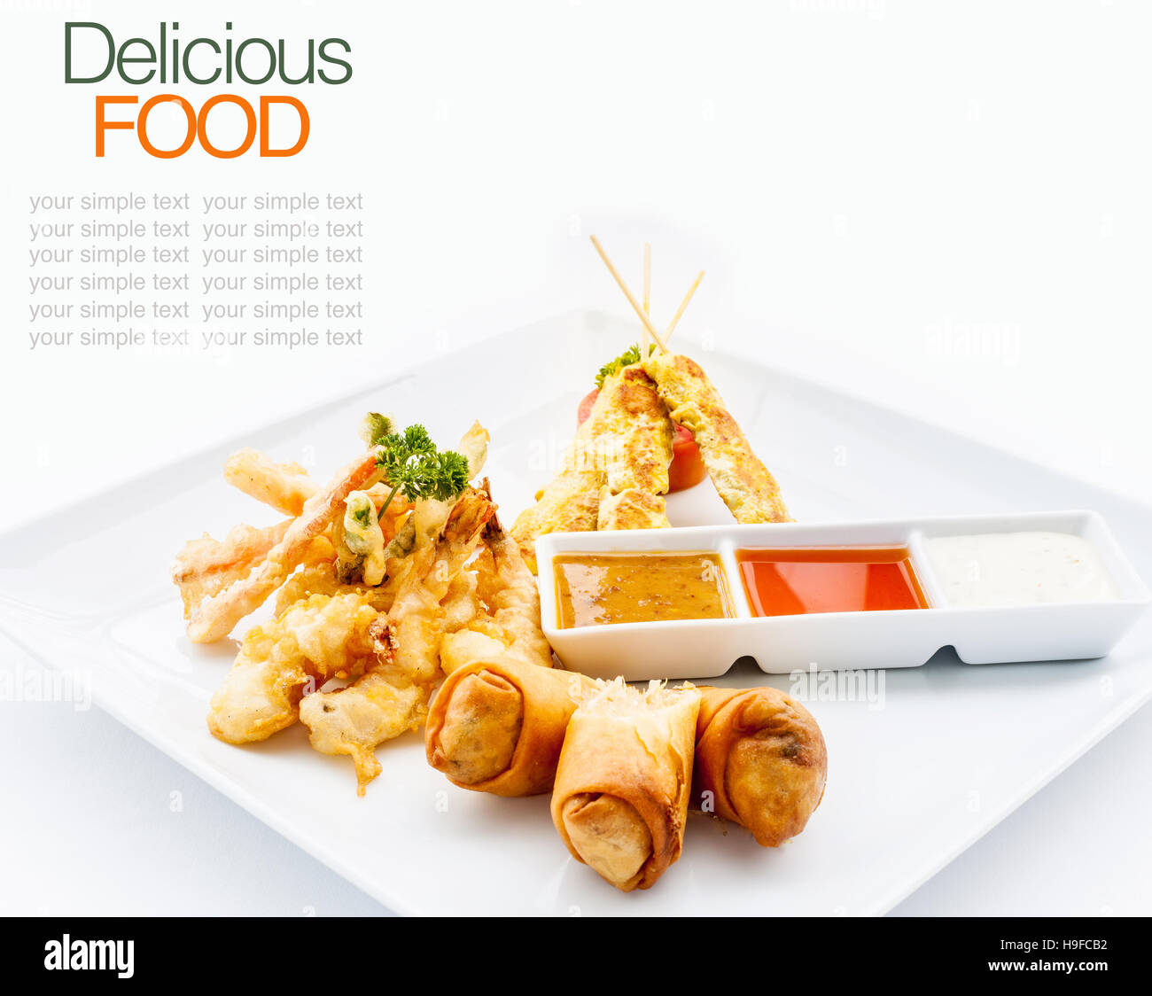 Thai favourites with spring roll vegetable,chicken satay,shrimp Stock ...