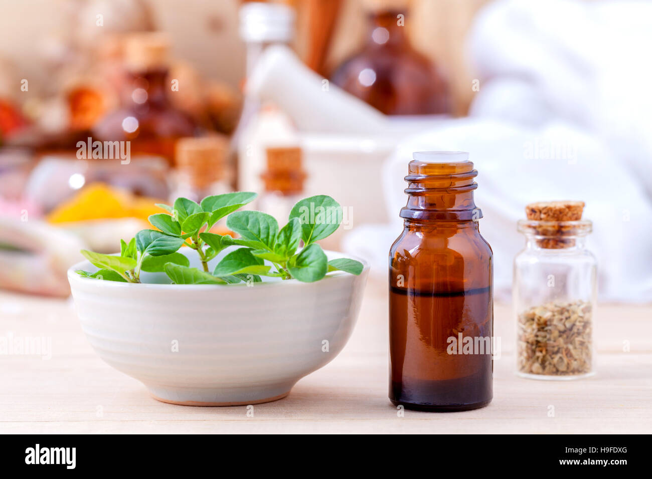 Natural Spa Ingredients essential oil with oregano leaves for ar Stock ...