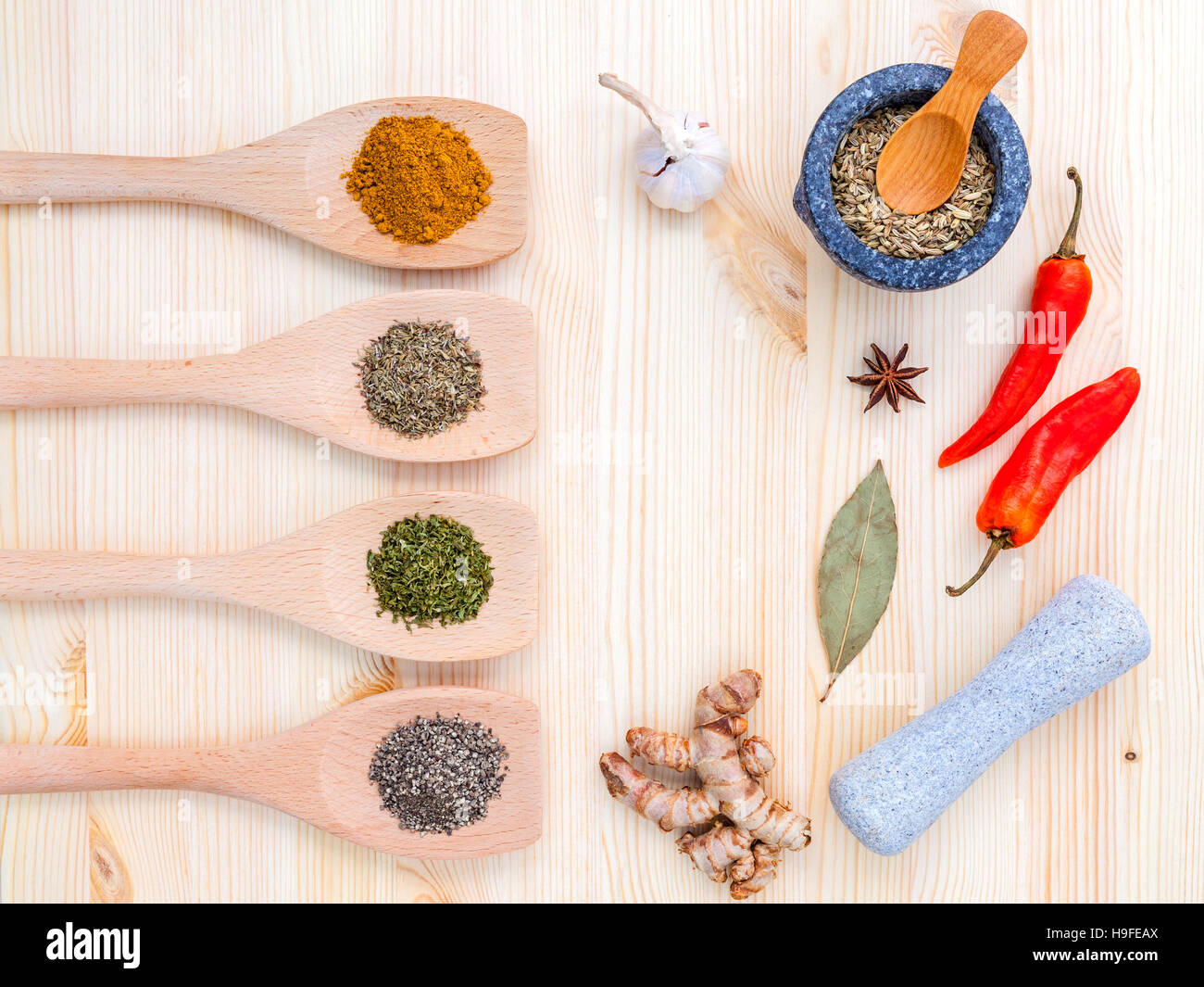 Food Cooking ingredients. Dried Spices herb bay leaves,turmeric Stock ...
