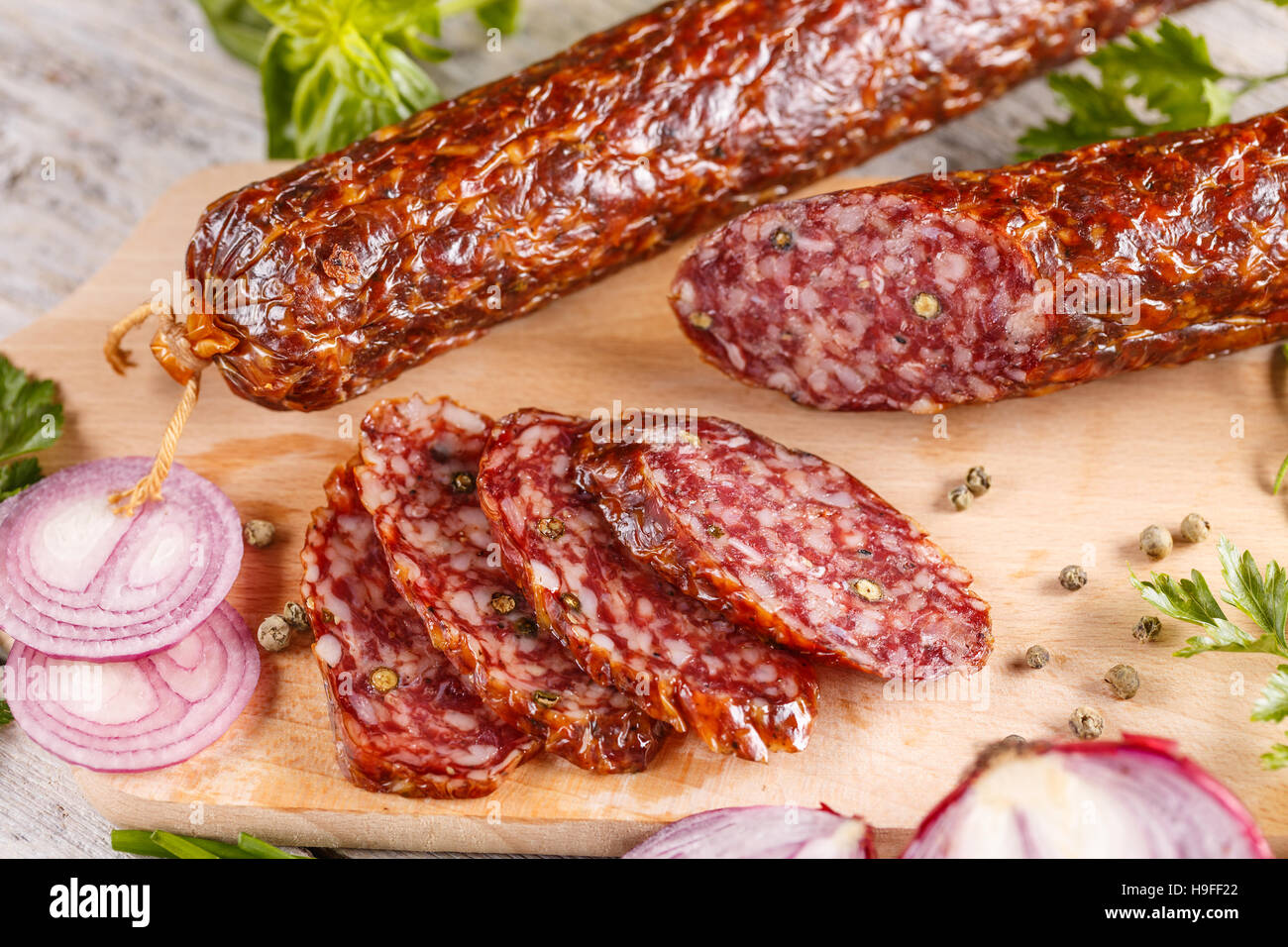 Smoked sausage salami cut hi-res stock photography and images - Alamy