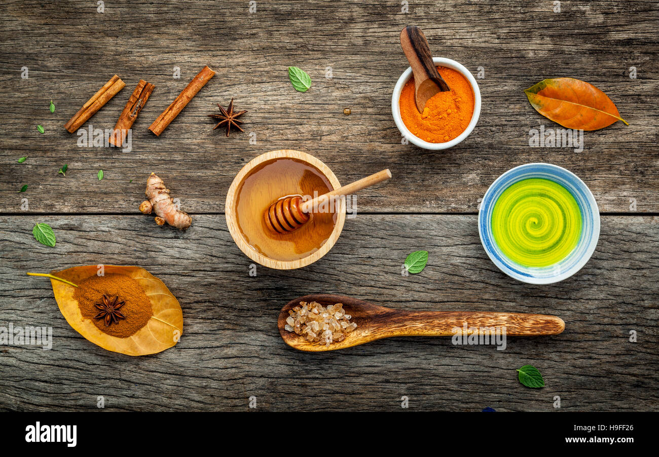 Composition of nature spa ingredients on the dark wooden table Stock ...