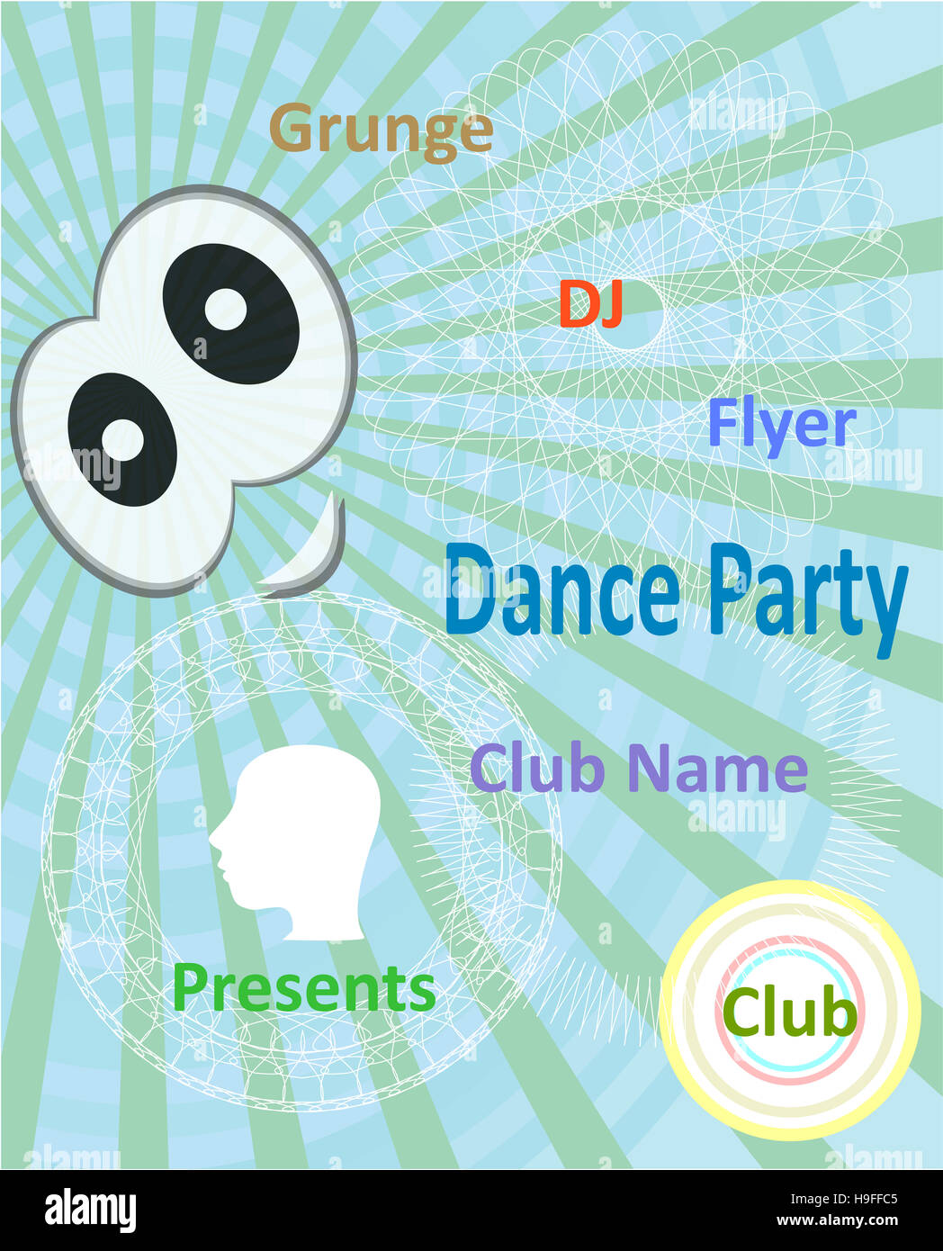 Vertical blue music party background with graphic elements and text ...