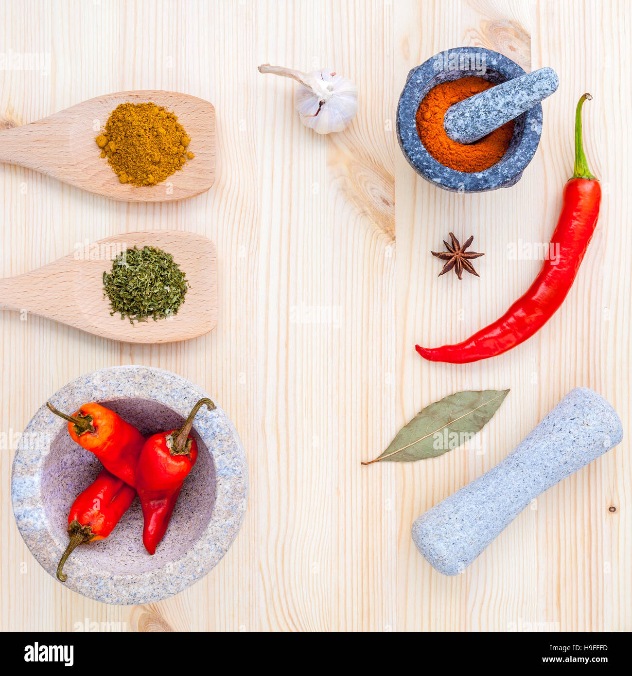 Food Cooking ingredients. Dried Spices herb bay leaves,turmeric Stock ...