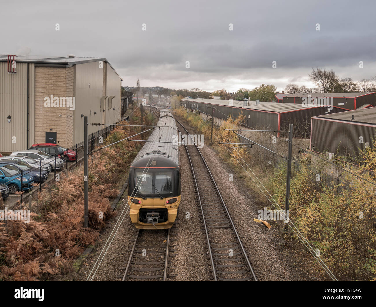 A train approaching Guiseley train station, near Leeds, West Yorkshire ...