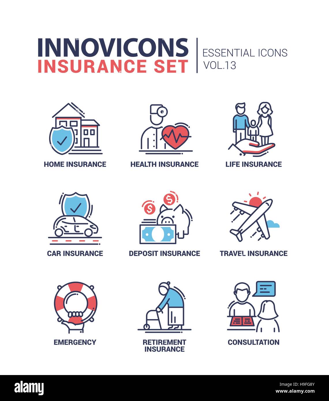 Types of Insurance - modern vector thin line flat design icons and ...