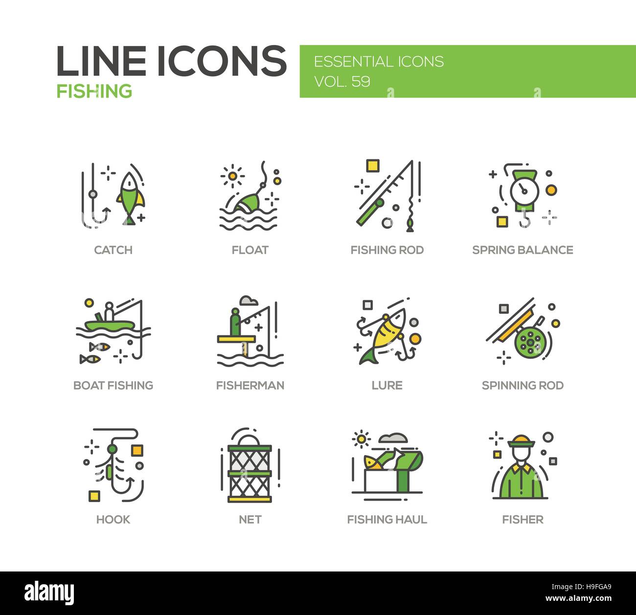 Fishing - modern vector line design icons and pictograms set. Catch ...