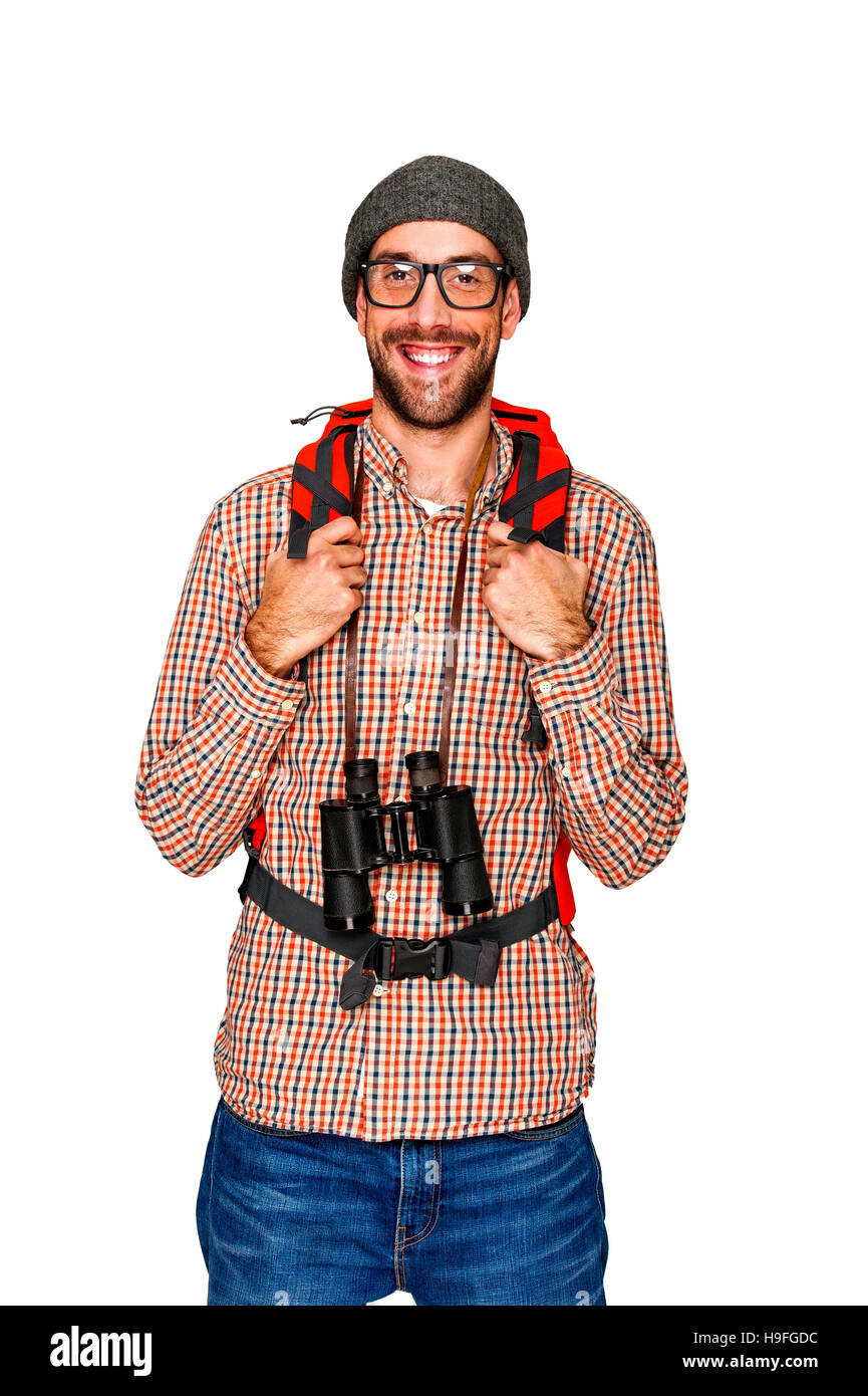 Hiker man tourist. Hiking. Isolated over white background Stock Photo ...
