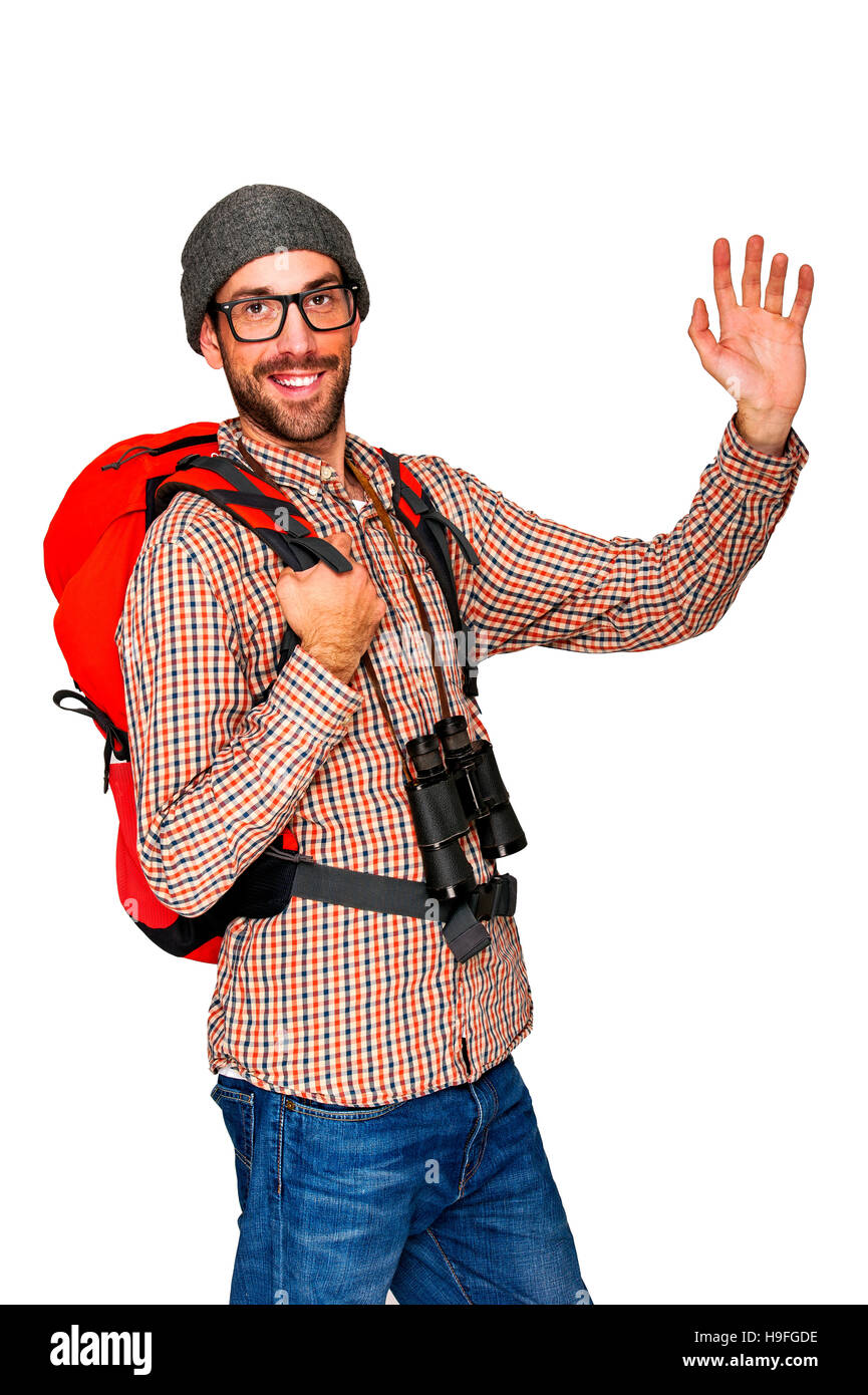 Hiker man tourist. Waving hand. Isolated over white background Stock ...