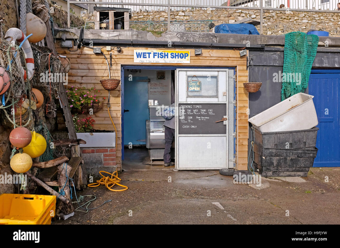 Wet Fish Shop on beach at Beer Devon West Country UK November 2016 ...