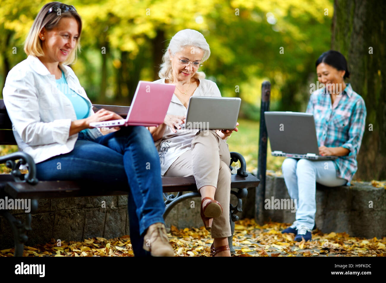 Mature ladies sitting in the park using their laptops Stock Photo - Alamy