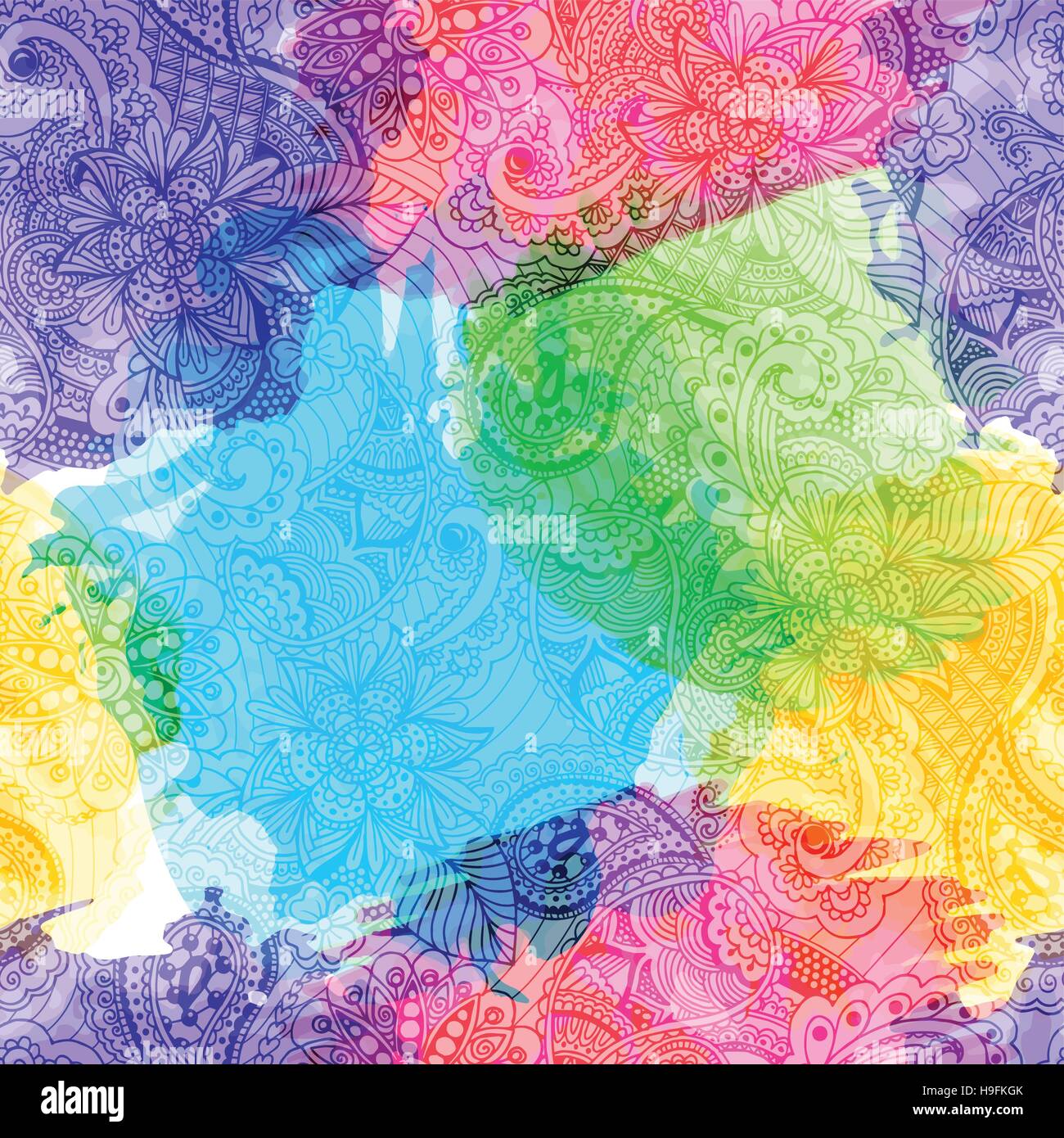 Hand drawn seamless doodle pattern on aquarelle color paint spots ...