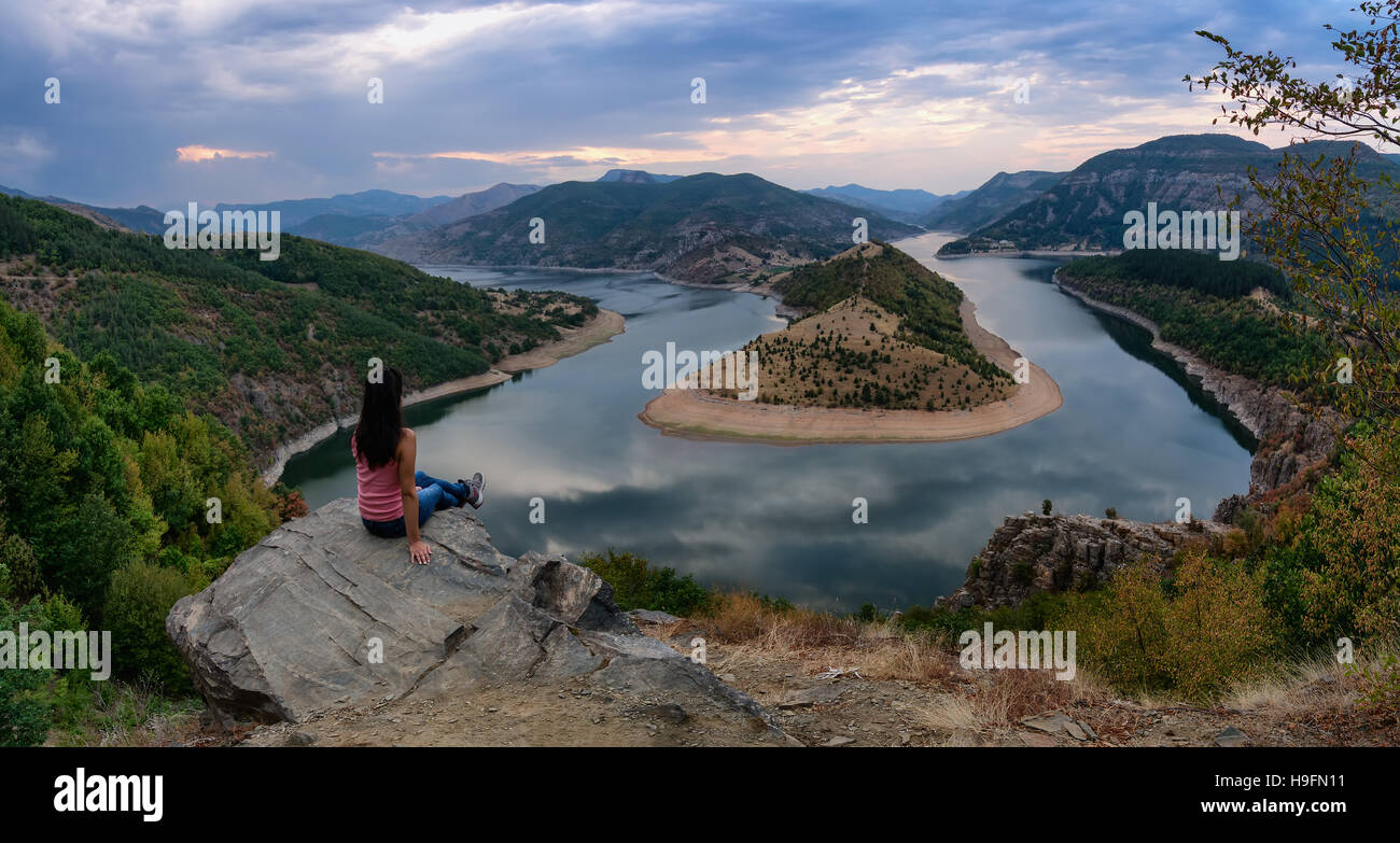 Cloudy sunset at the meander of Arda River, dam Kardzhali, Bulgaria ...