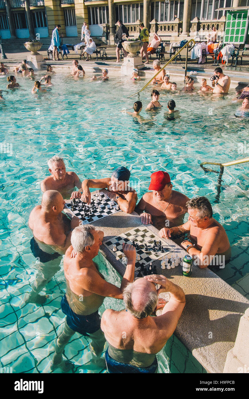 A group of men play chess at the Széchenyi thermal baths in Budapest ...