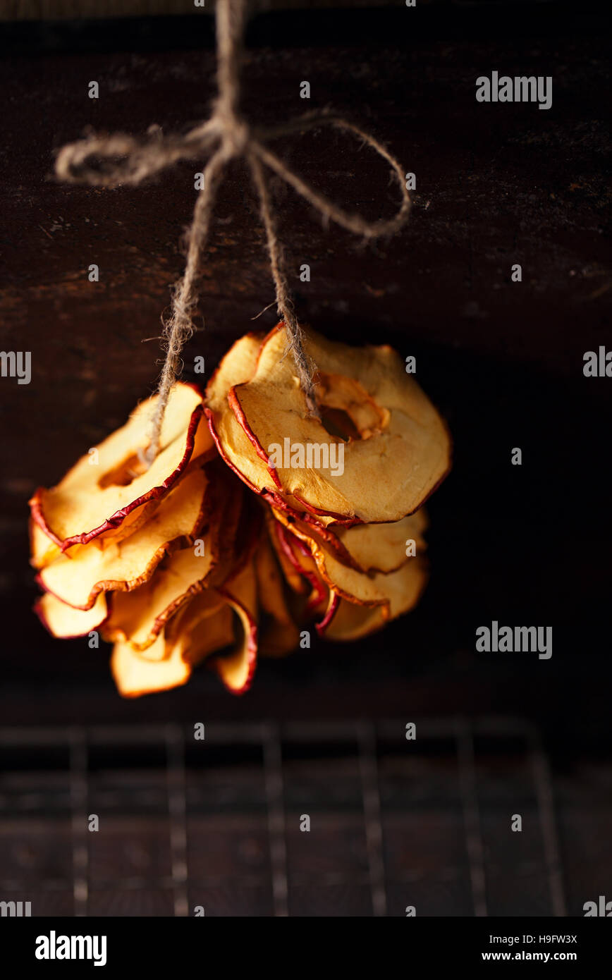 Dried apple slices hanging on string with dark metal backdrop and copy ...