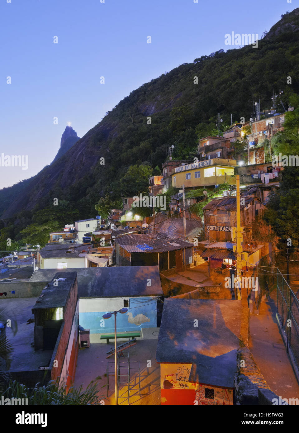 Brazil, City of Rio de Janeiro, Twilight view of the Favela Santa Marta ...