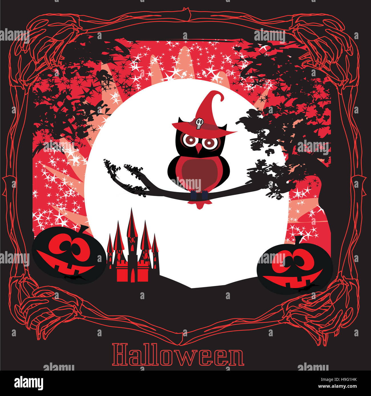 Halloween illustration owl on moon background Stock Photo - Alamy