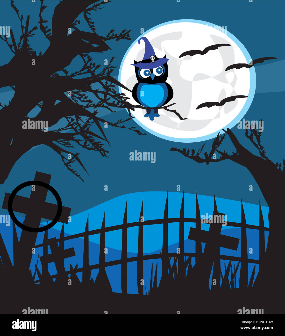 Halloween illustration owl on moon background Stock Photo - Alamy