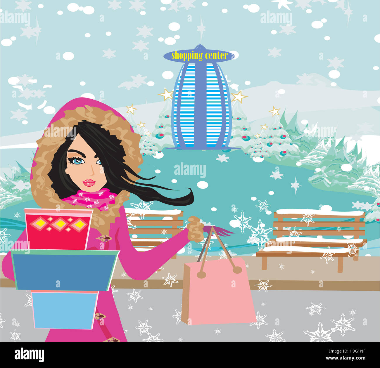 beautiful woman doing the shopping in winter Stock Photo - Alamy