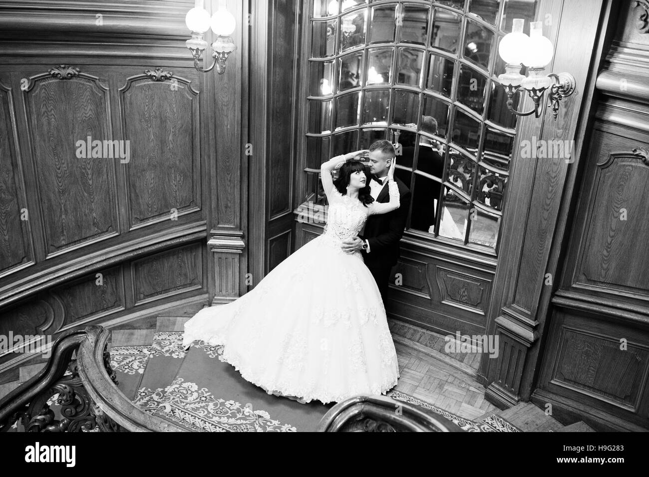 Magnificent wedding pair newlywed at rich wooden royal palace Stock ...