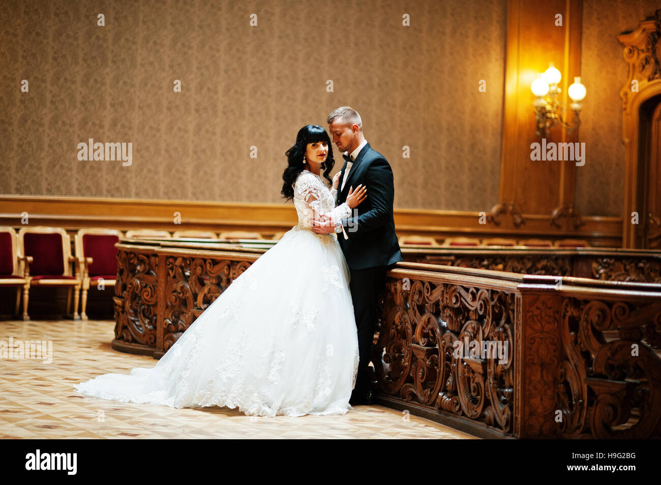 Magnificent wedding pair newlywed at rich wooden royal palace Stock ...
