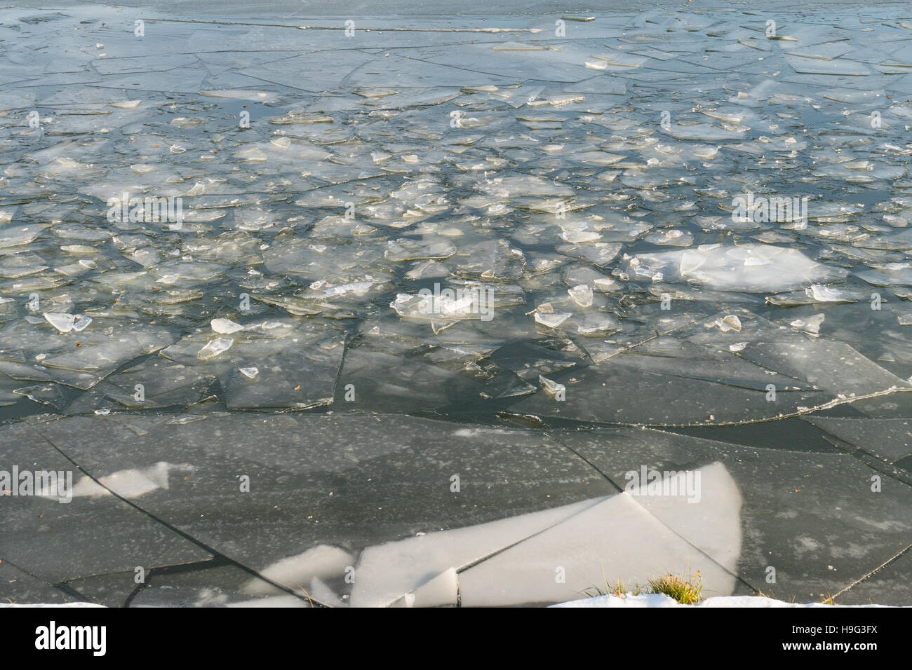 Ice cracked dangerous on the pond in November Stock Photo - Alamy