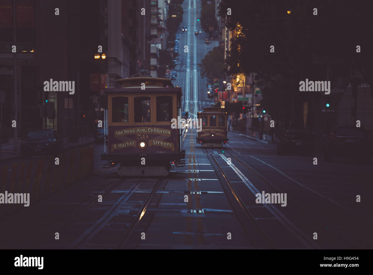 Classic view of historic San Francisco Cable Cars on famous California ...