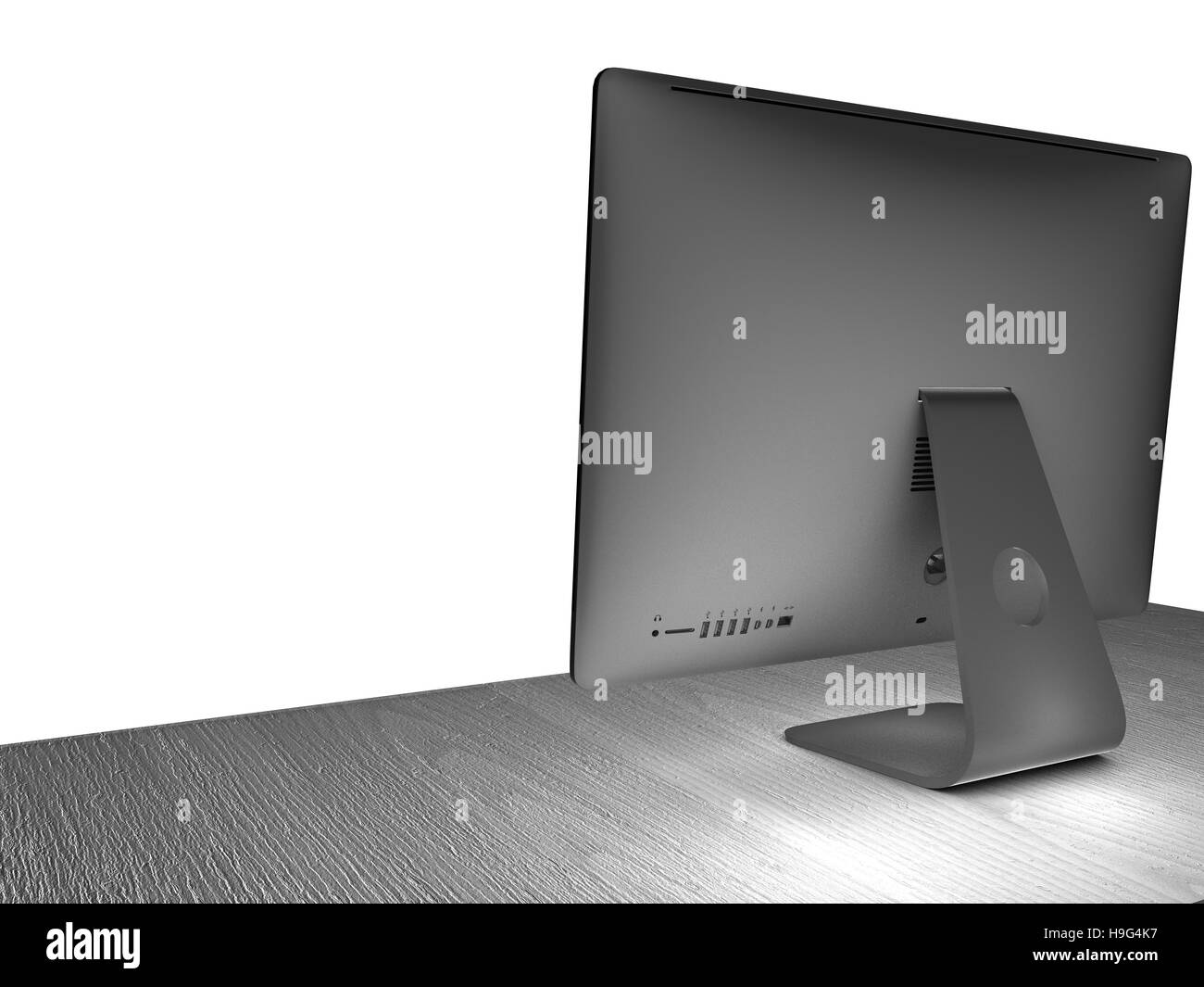 A computer seen from behind on a wooden table. Cables input. 3d ...