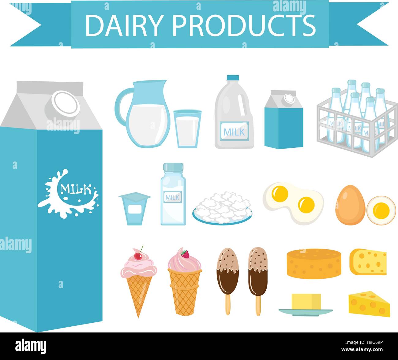 Dairy products icon set, flat style. Milk isolated on white background ...