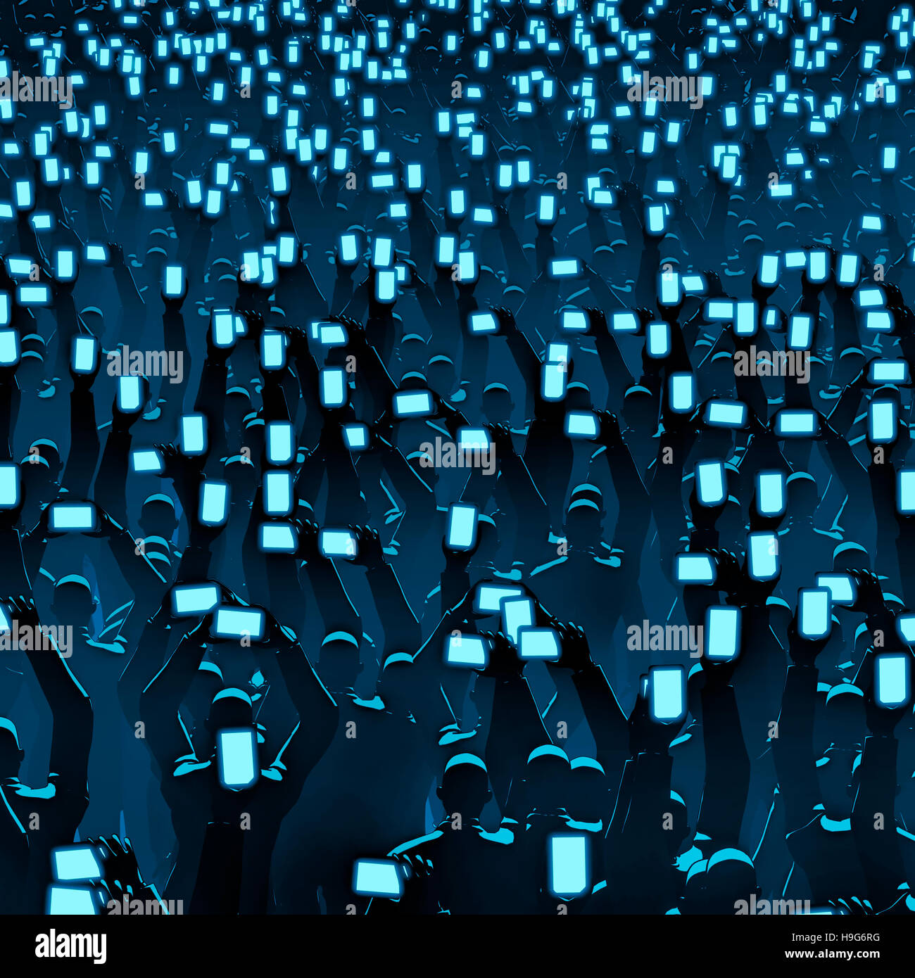 Cell phone crowd / 3D illustration of audience holding up cell phones ...
