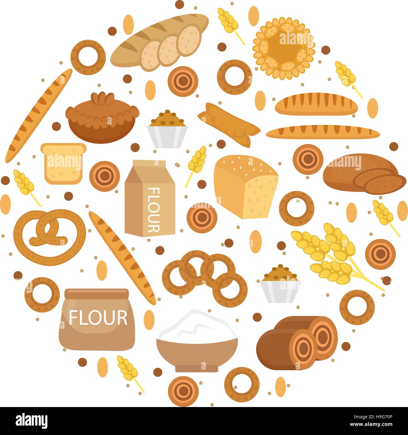 Bakery products icon set in a round shape, Flat style. of different ...