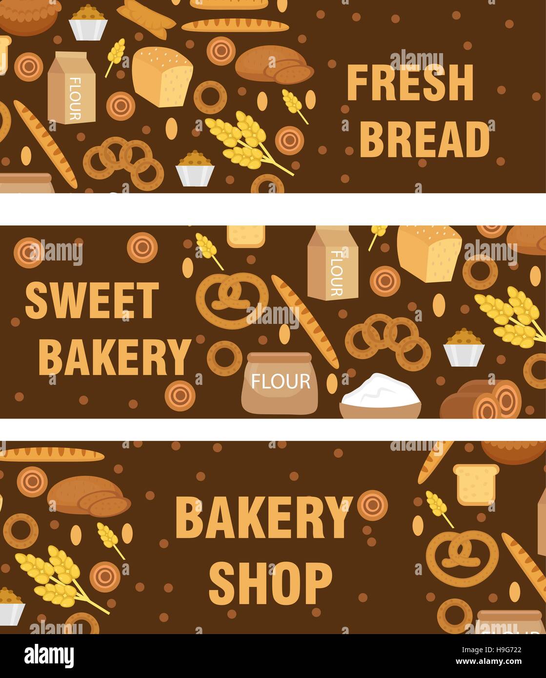 Bakery products banner, flat style. Set of different breads and ...