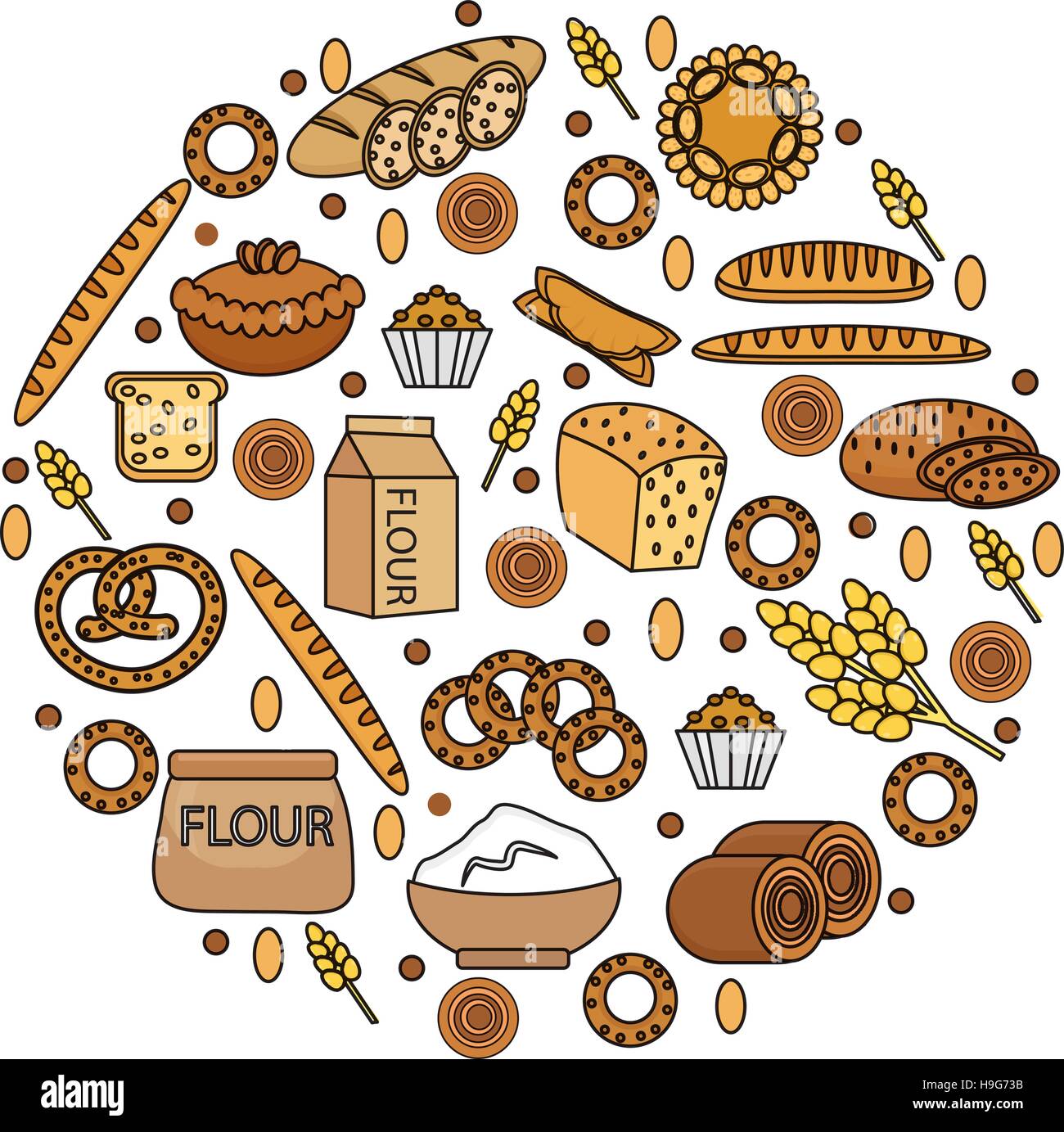 Bakery products icon set in a round shape, line, outline, doodle style ...