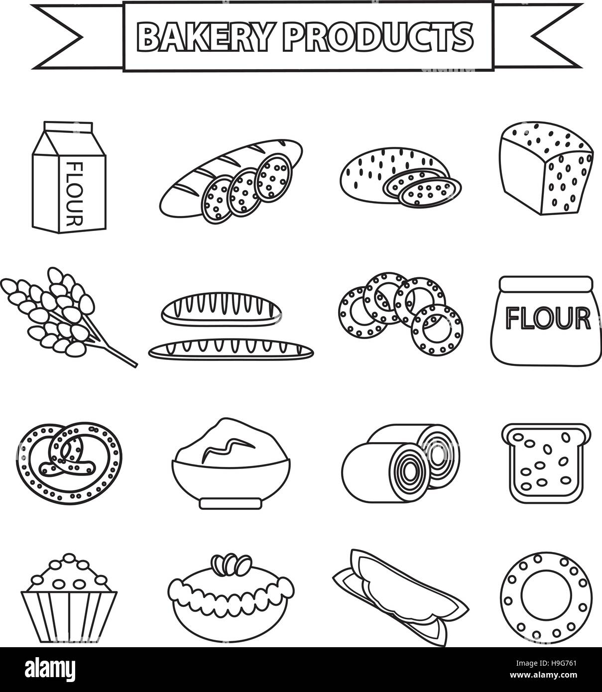 Bakery products icon set, line, outline, doodle style. of different ...